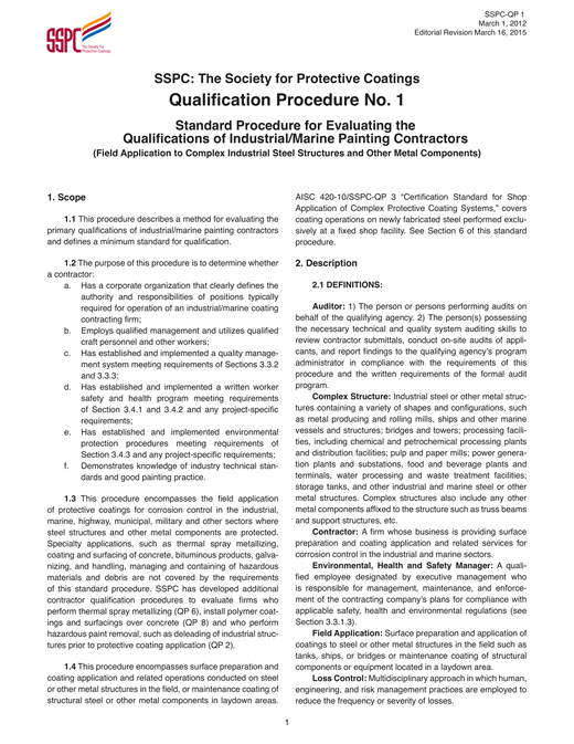 Standard Procedure for Evaluating the Qualifications of Industrial/Marine Painting Contractors ...